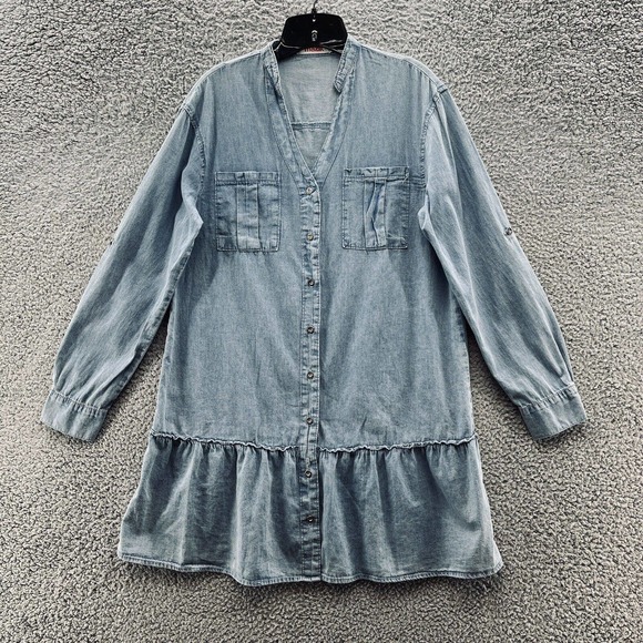 Mazik | Dresses | Mazik Dress Blue Chambray Long Sleeve Relaxed Tiered ...
